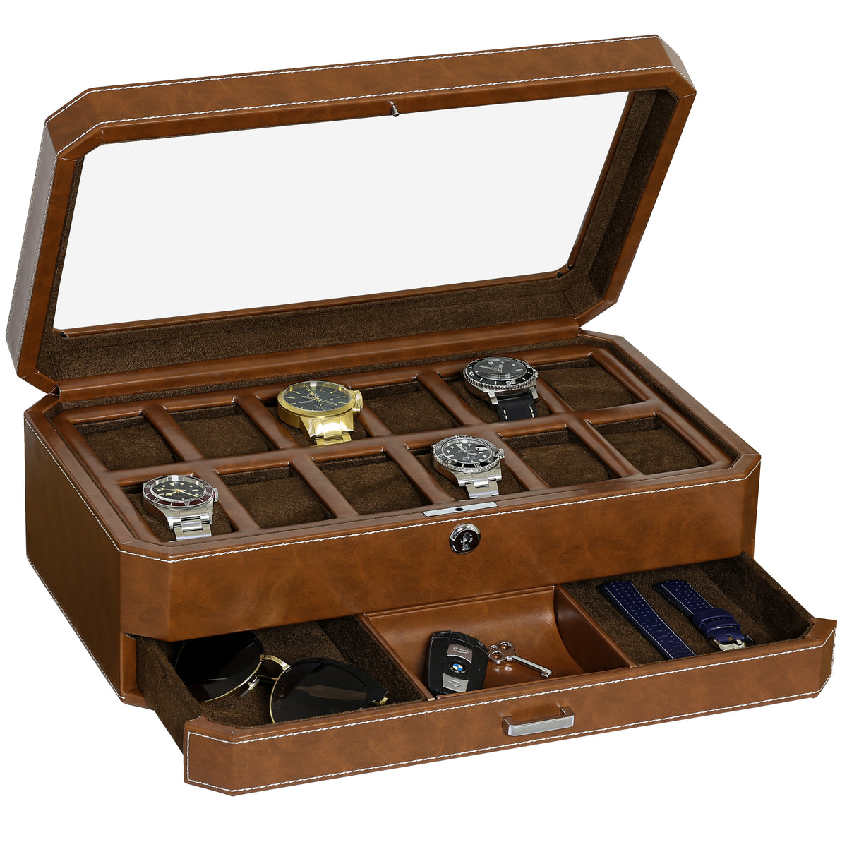 Rothwell 12 Slot Watch Box with Drawer (Tan / Brown) - RothwellSF